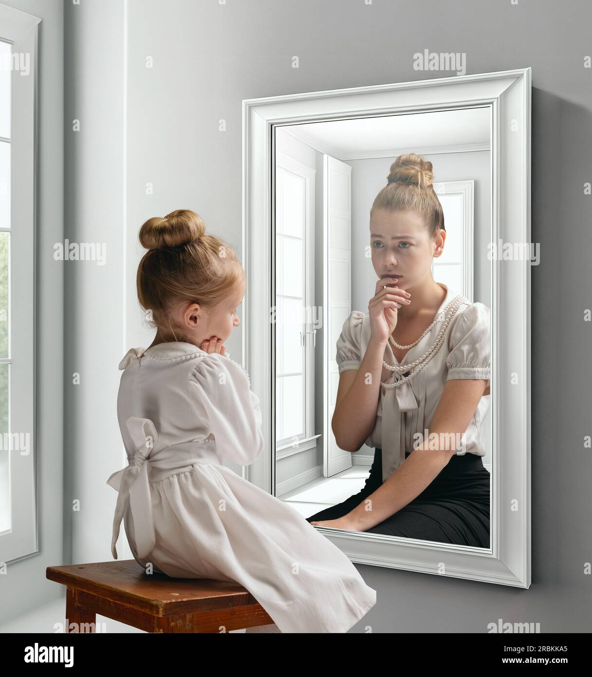 Creative conceptual collage. Little girl looking in mirror and seeing ...