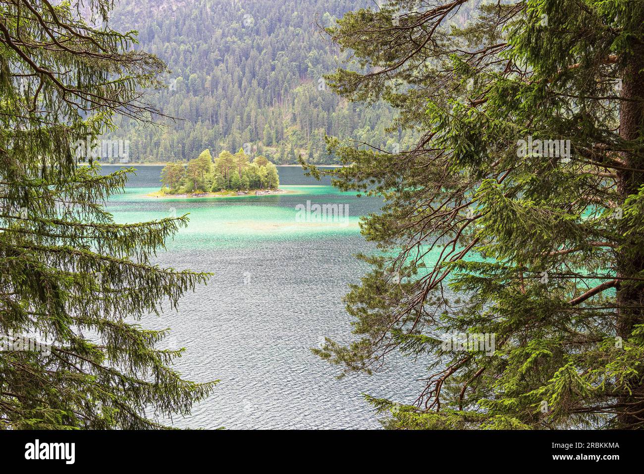 Island in the Eibsee lake near Garmisch-Partenkirchen in Bavaria ...