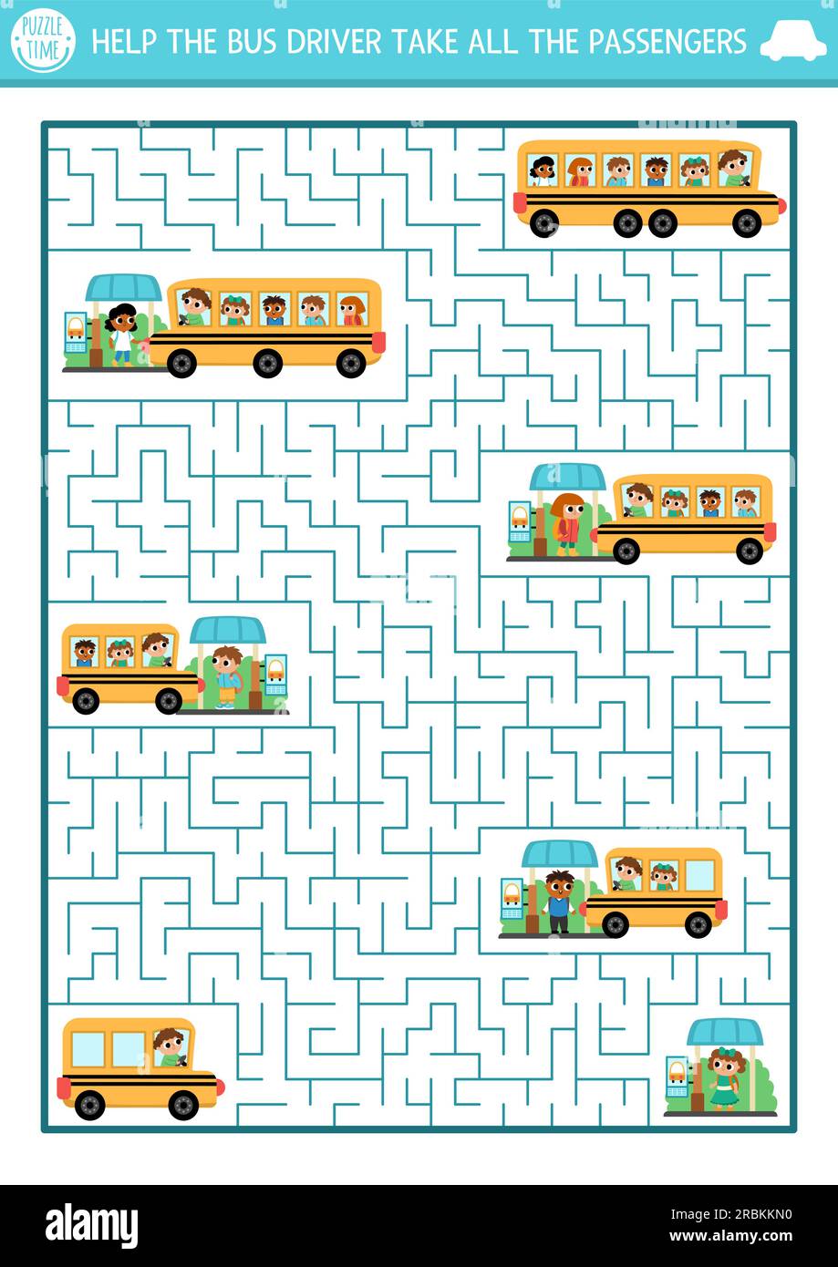 Transportation maze for kids with school bus and pupils waiting on ...