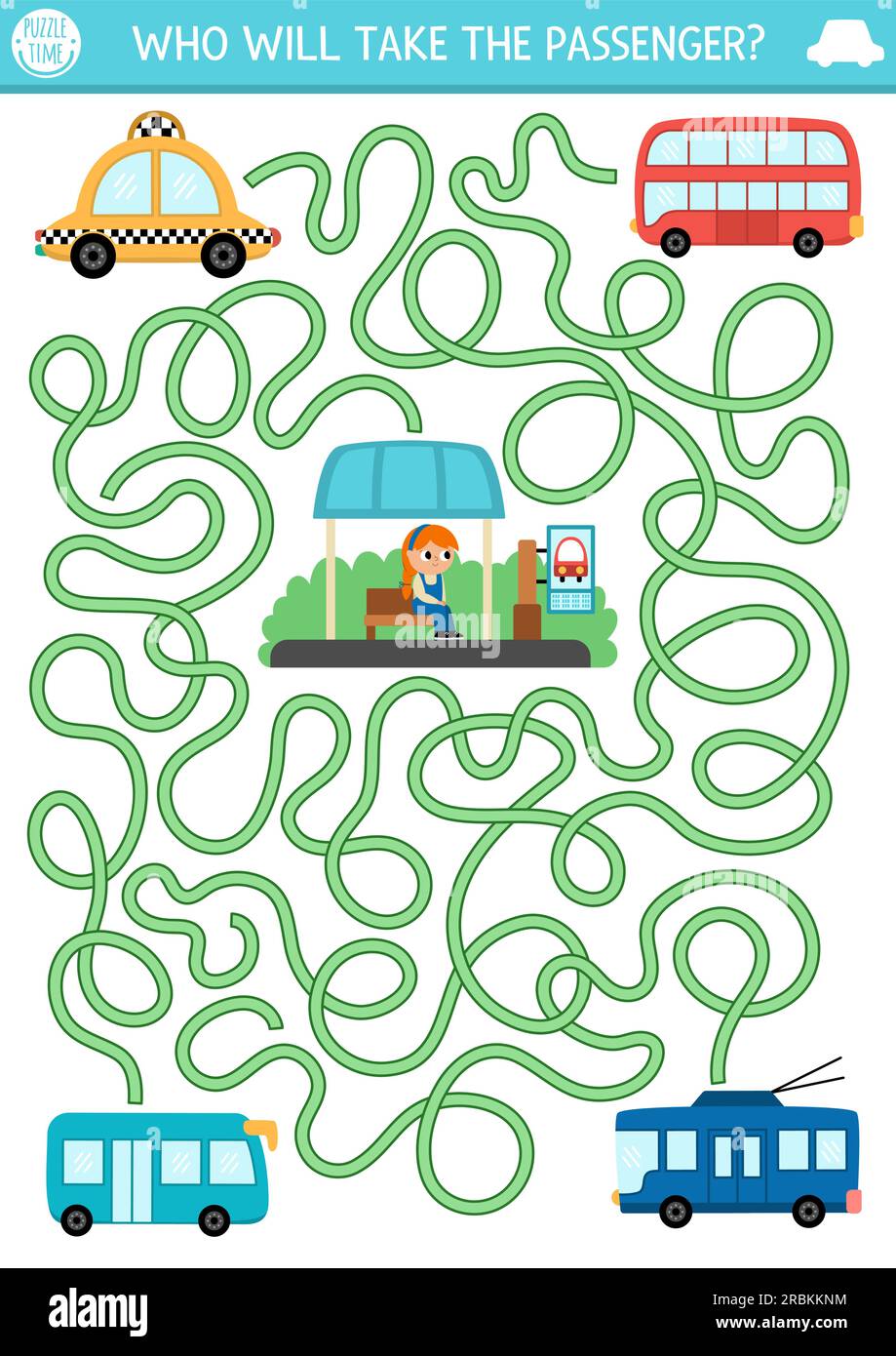 Transportation maze for kids with girl waiting for transport. Urban ...