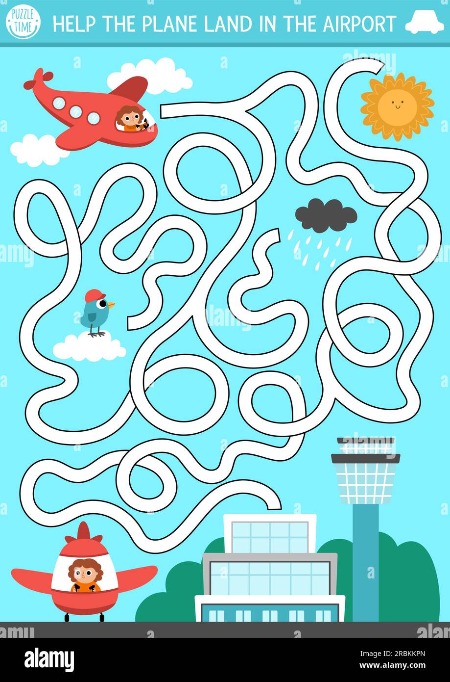 Transportation maze for kids with city landscape and airplane. Urban ...