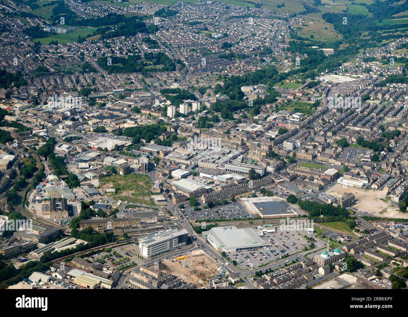 An aerial view of the former mill town, Keighley, in West Yorkshire ...