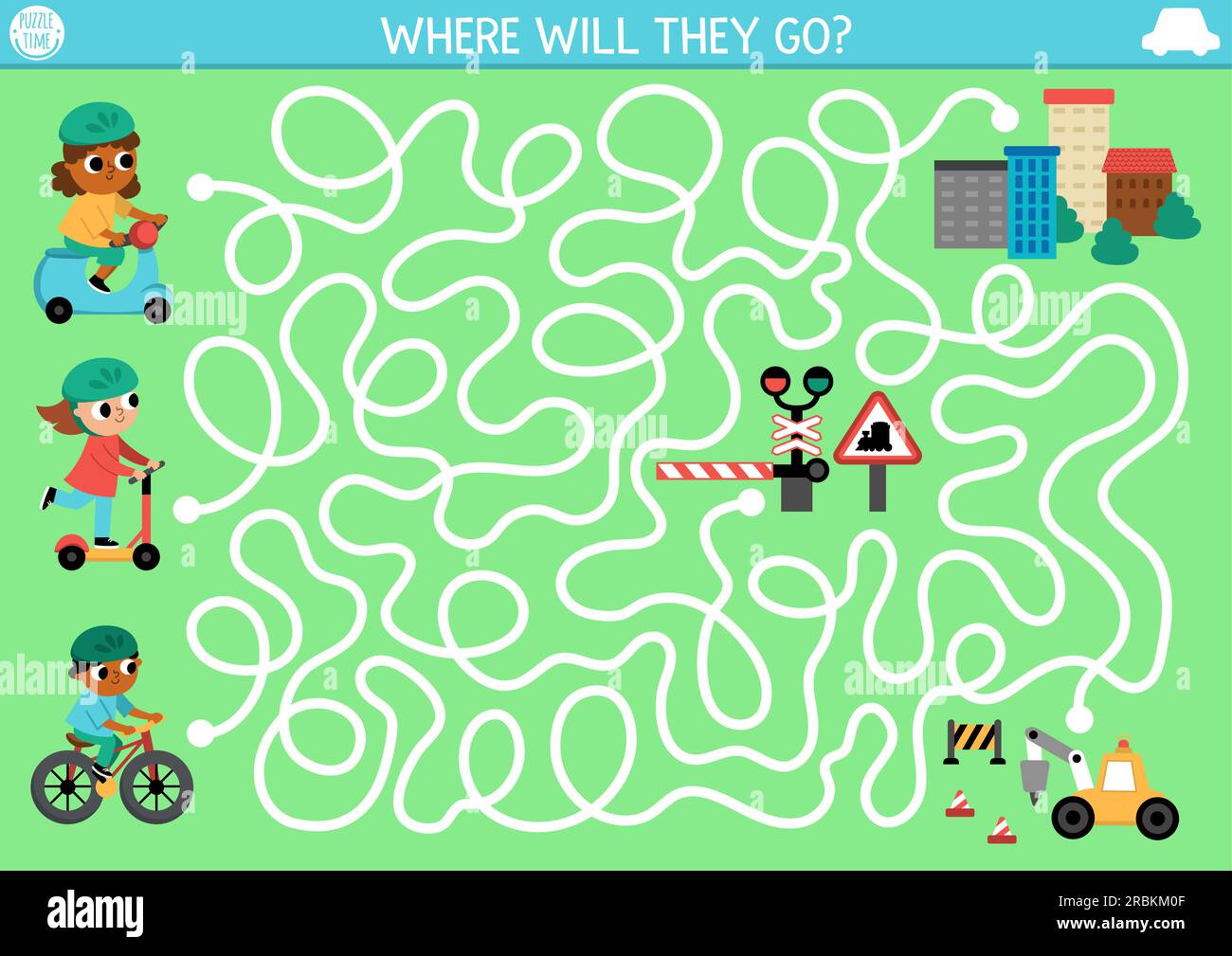 Transportation maze for kids with kids driving bike, scooter. Urban ecological transport ...
