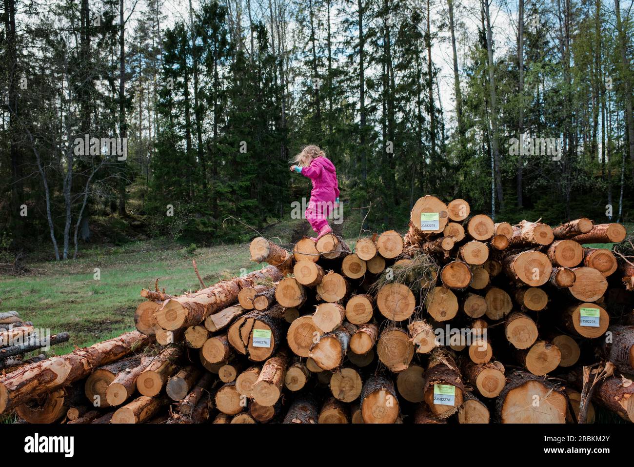 young girl walking on a pile of logs outdoors Stock Photo - Alamy