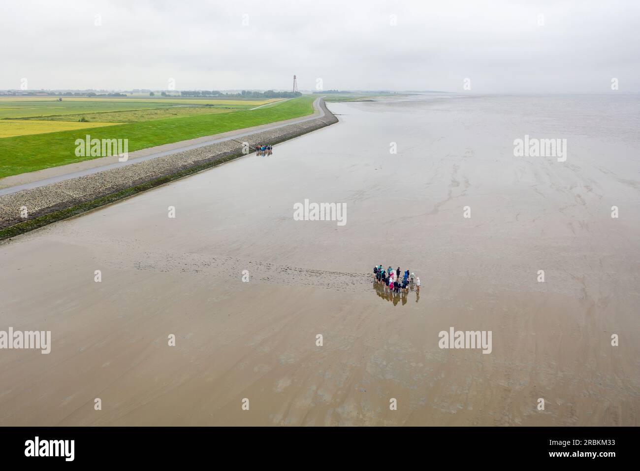 Aerial view of people on a mudflat hike in the Wadden Sea, Krummhoern ...