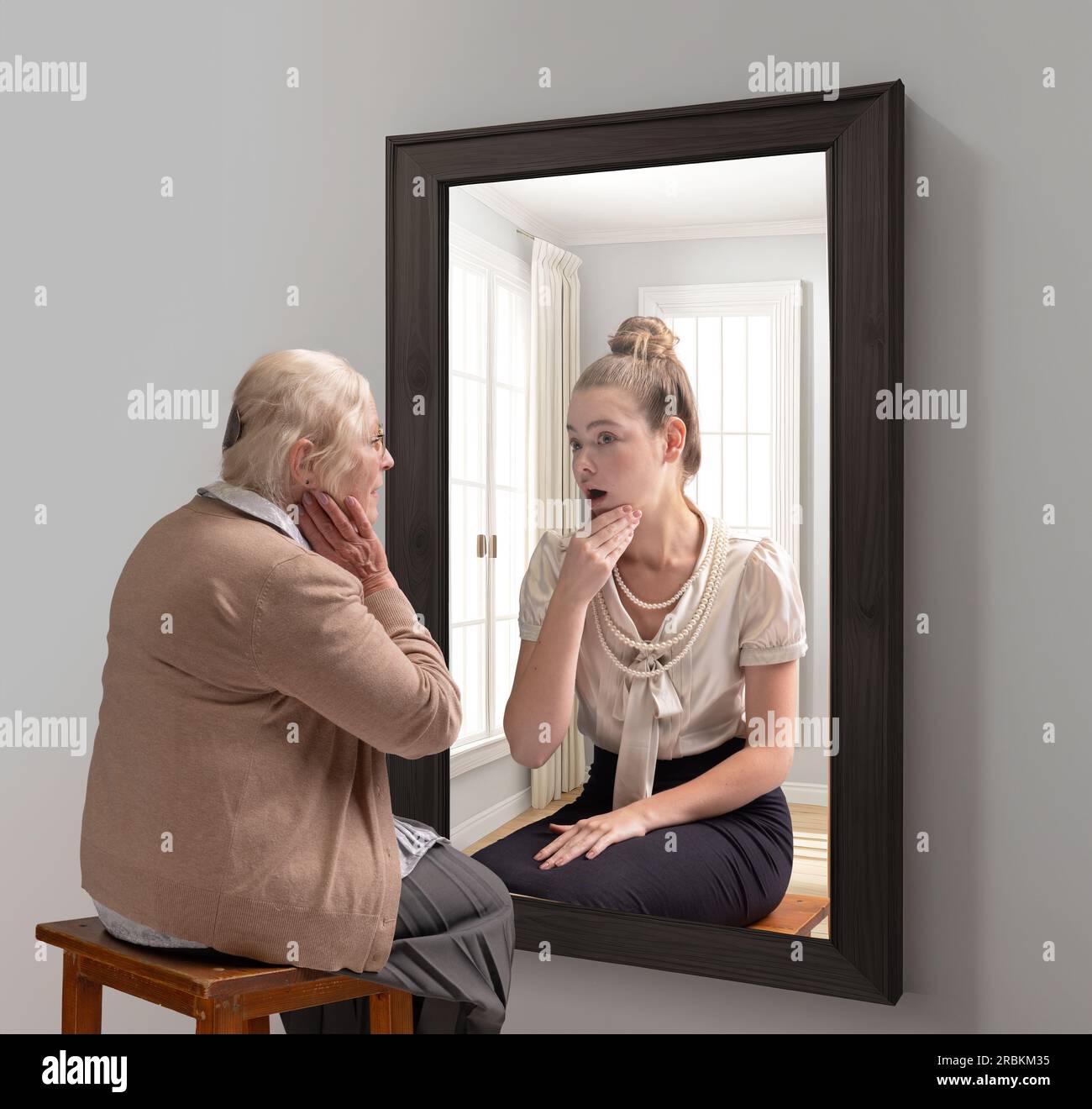 Creative conceptual collage. Senior woman looking in mirror and ...