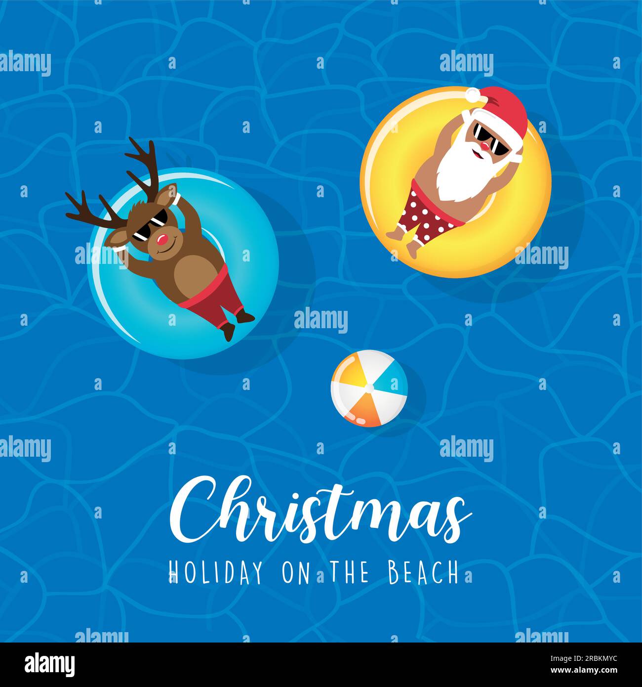 cute santa claus and deer relaxing on float ring in water on the beach ...