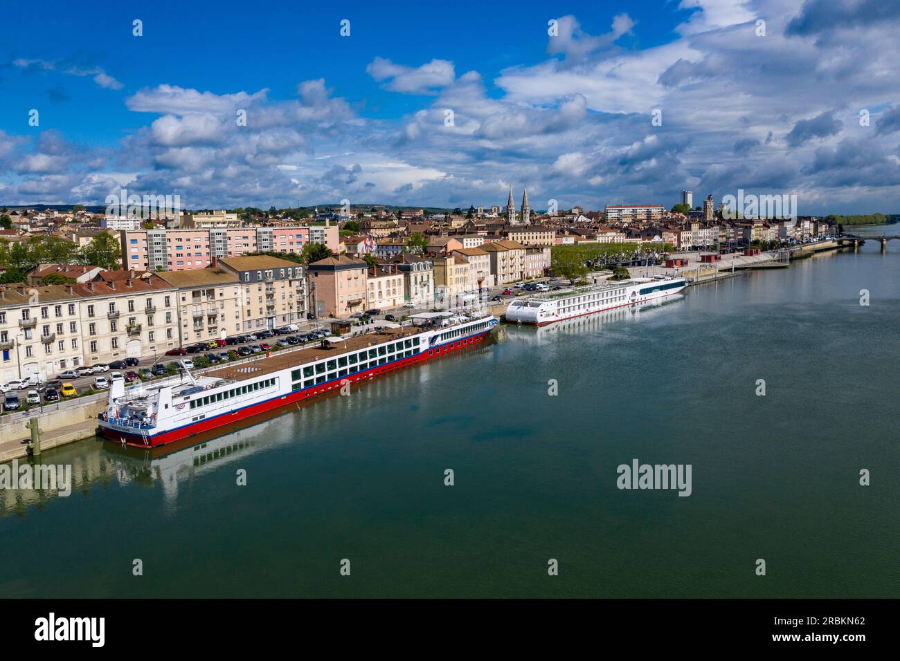 Aerial view of river cruise ships MS Bijou du Rhône (nicko cruises) and ...