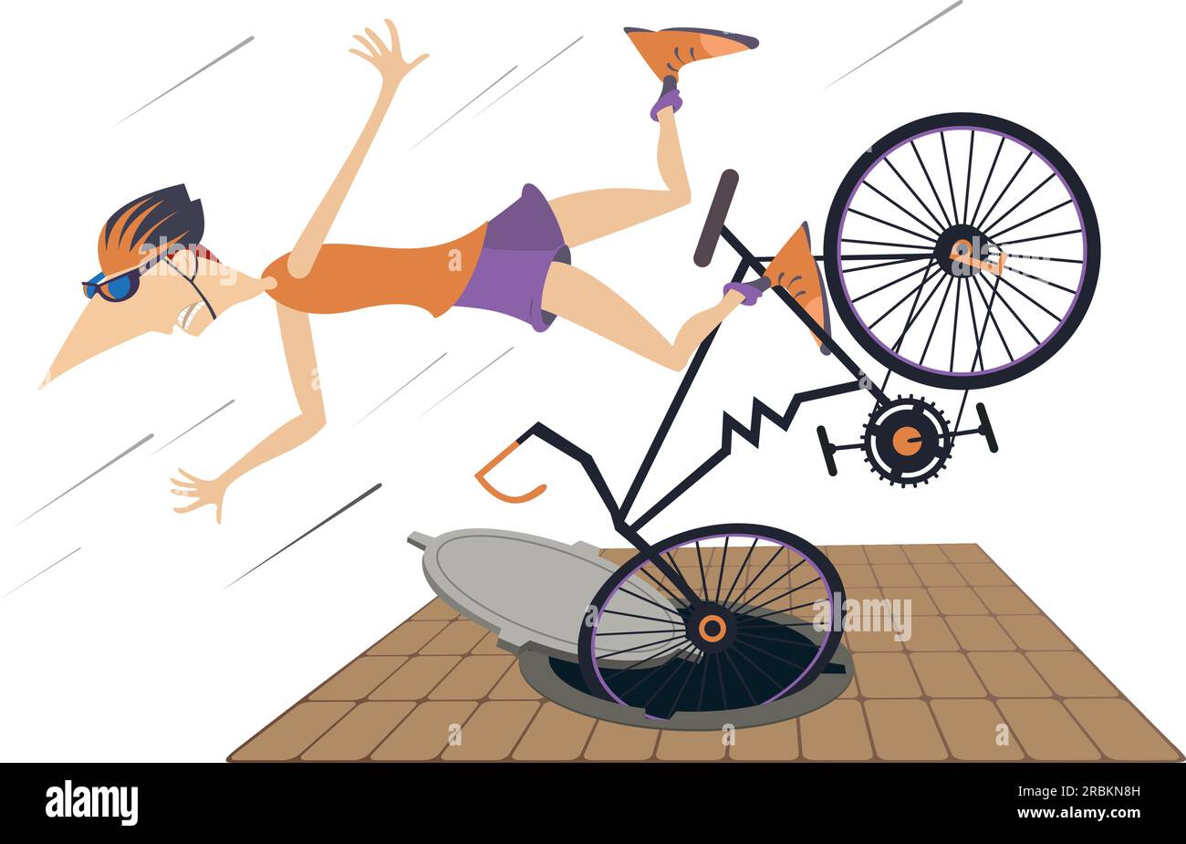 Cyclist falling down from the bicycle. Cyclist man gets into a sewer ...