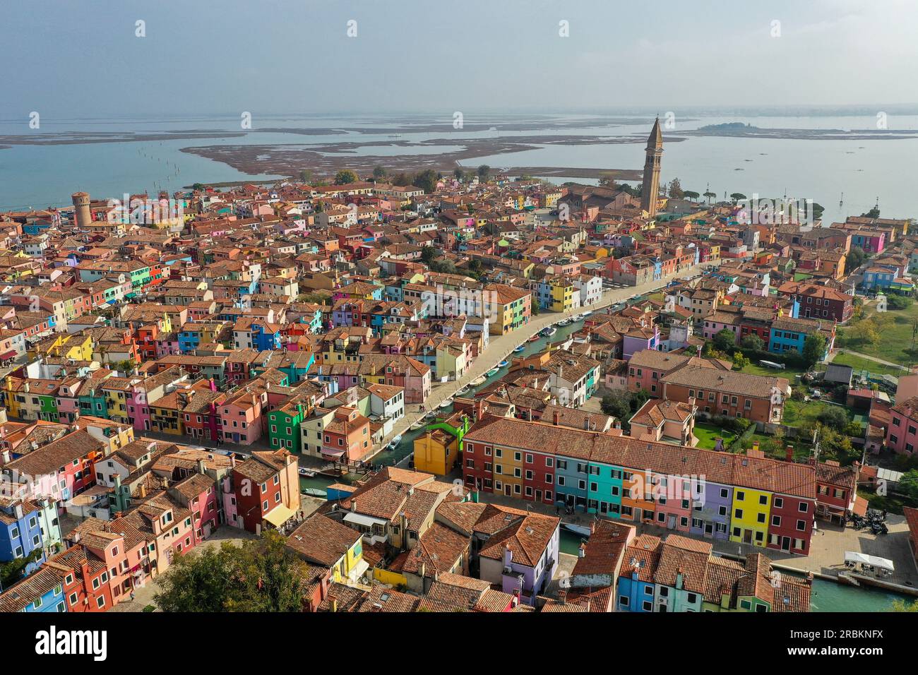 Aerial view of Burano with its colorful houses, Burano, Venice, Italy ...