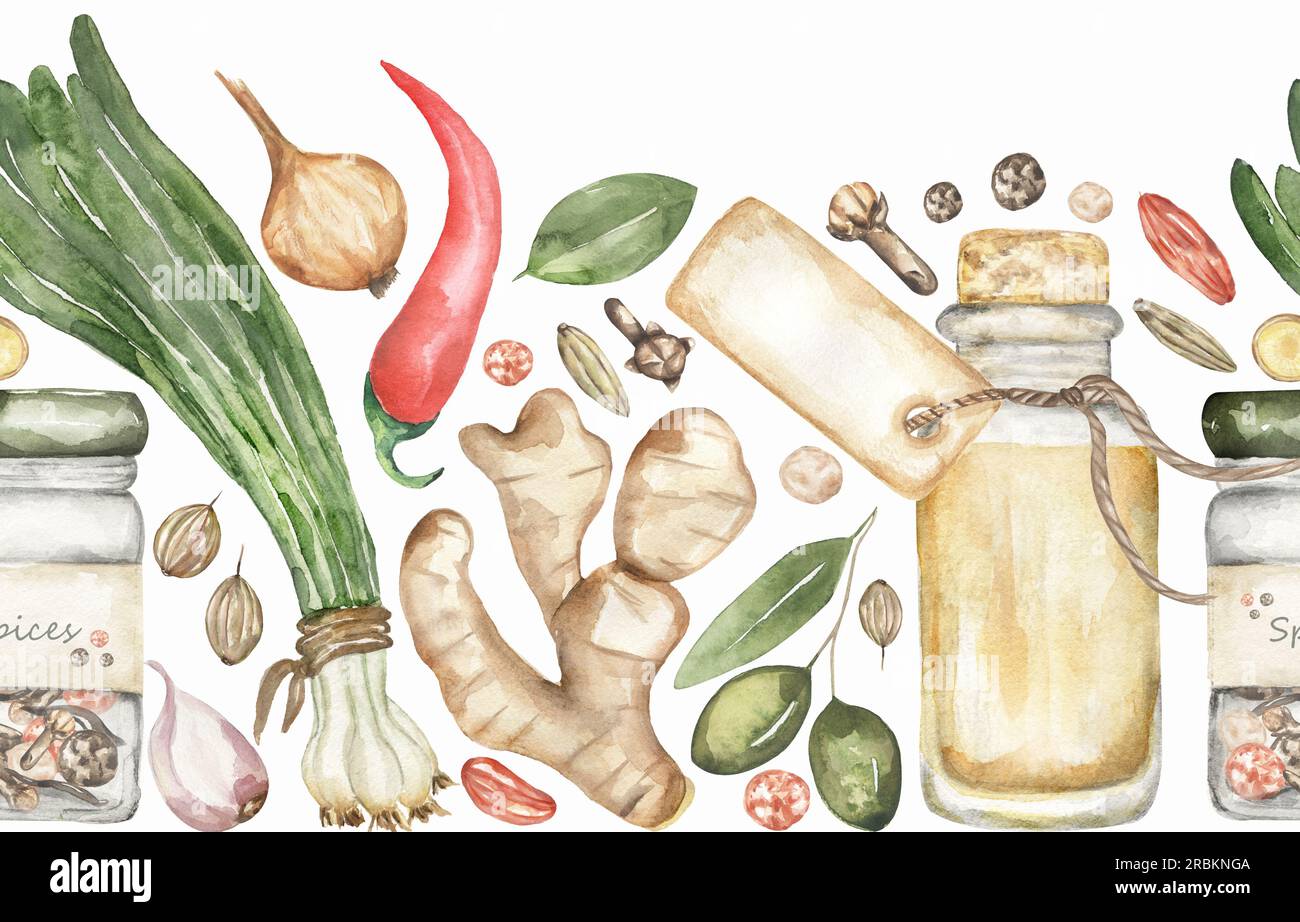 Watercolor spices seamless border for cooking designs, hand drawn ...