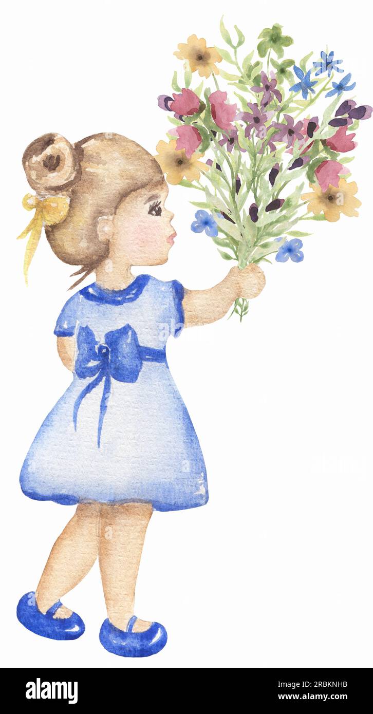 Watercolor little girl with flowers. Cute kids illustration. Baby Girl ...