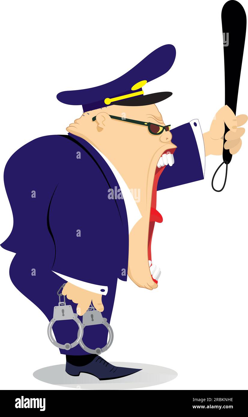 Cartoon police officer. Shouting policeman with truncheon and handcuff ...