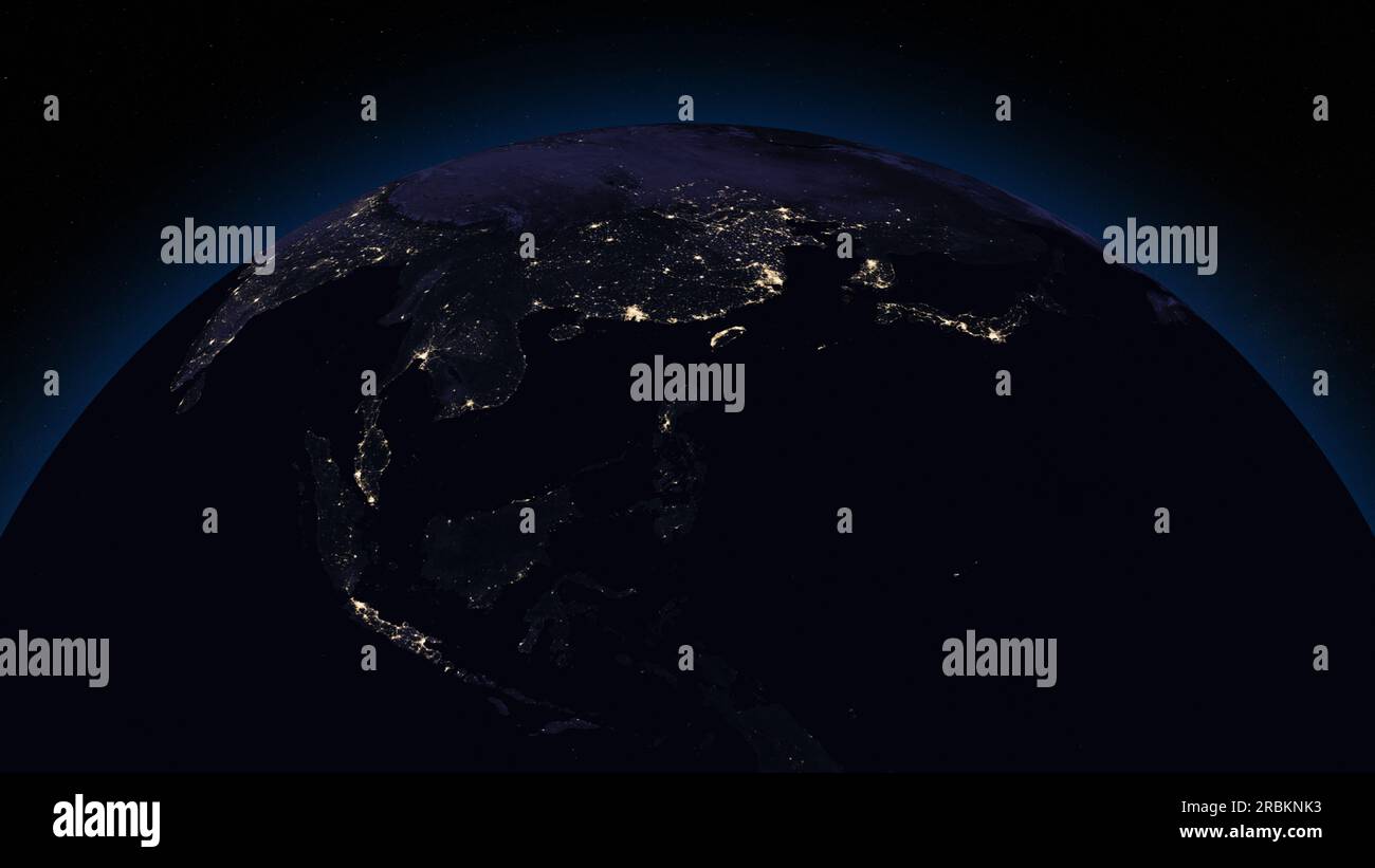 Planet Earth focused on Asia by night. Illuminated cities on dark side ...