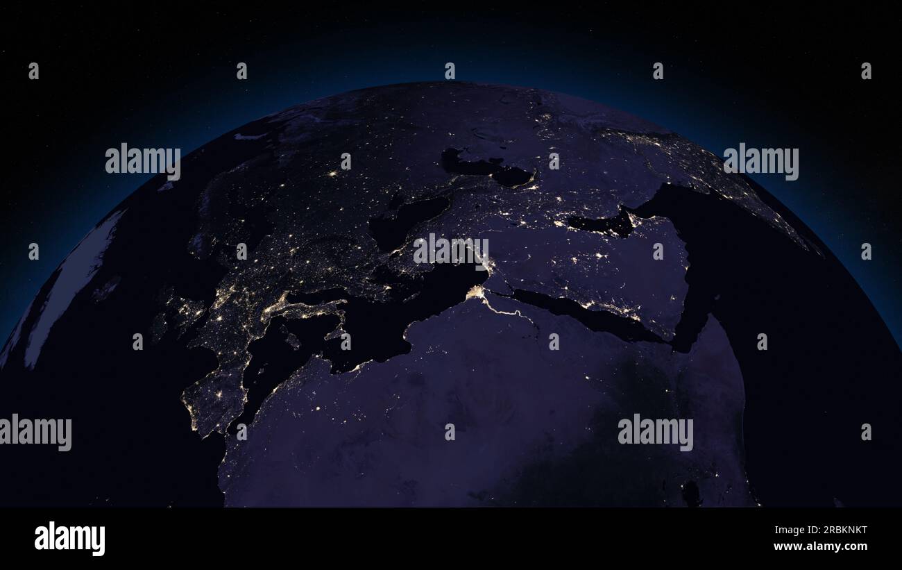 Planet Earth focused on Europe by night. Illuminated cities on dark ...