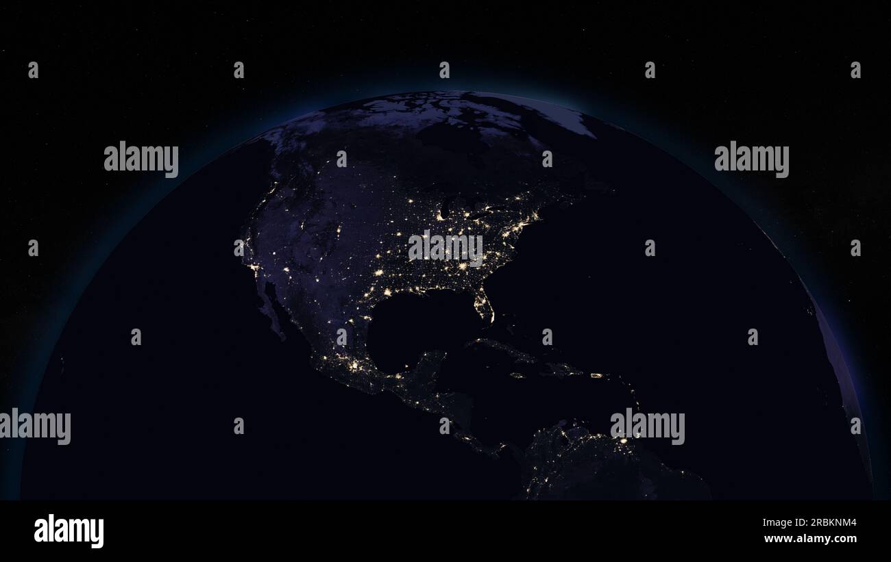 Planet Earth focused on North America by night. Illuminated cities on ...