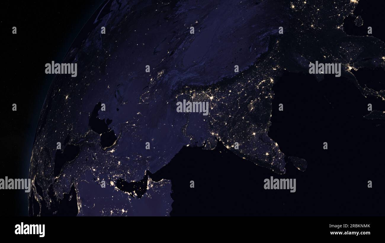 Planet Earth focused on India by night. Illuminated cities on dark side ...