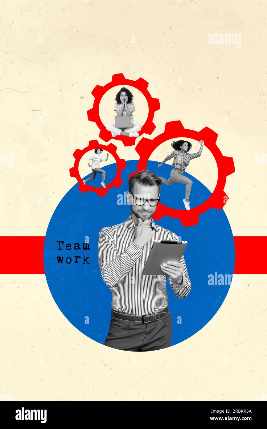 Collage artwork graphics of serious boss organizing successful working ...
