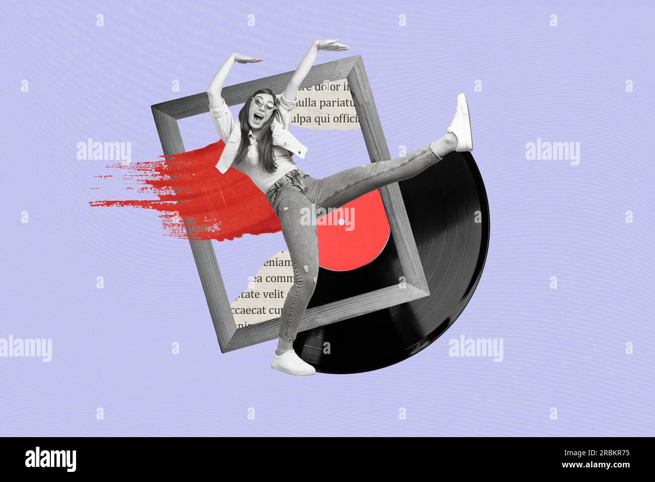 Collage of young woman dance boogie woogie listen retro music vinyl ...