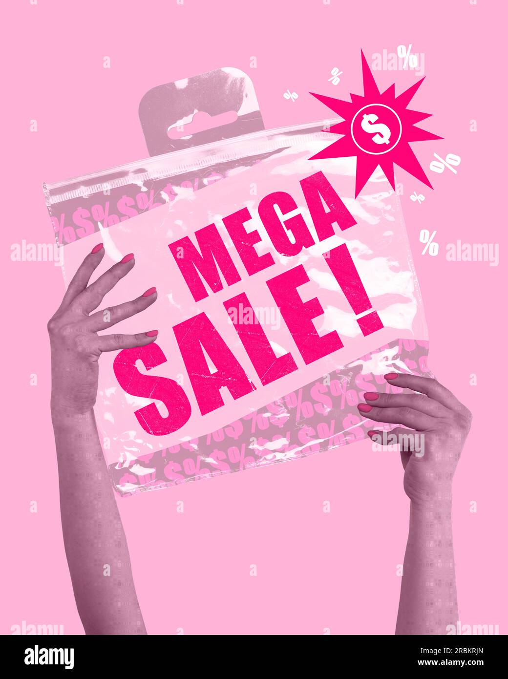 Contemporary art collage. Colorful pink poster for ads. Big sales ...