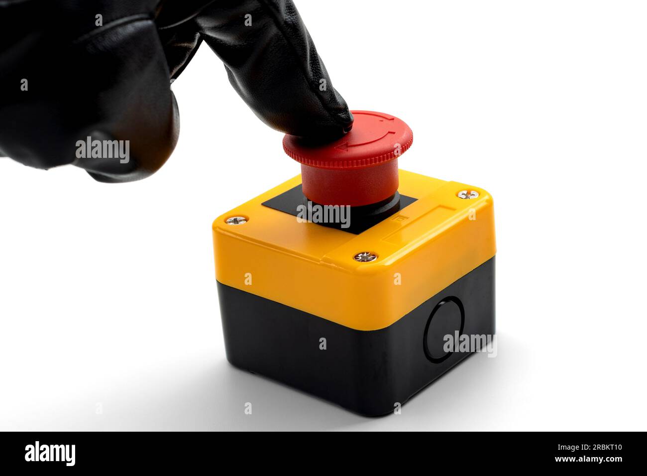 Hand in Dark Black Glove Finger Pressing a Red Button Isolated on White ...