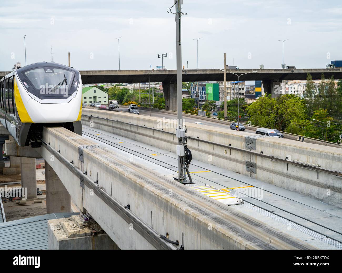 Elevated monorail train on rail. Public transit monorail. Modern mass transit. Rail ...