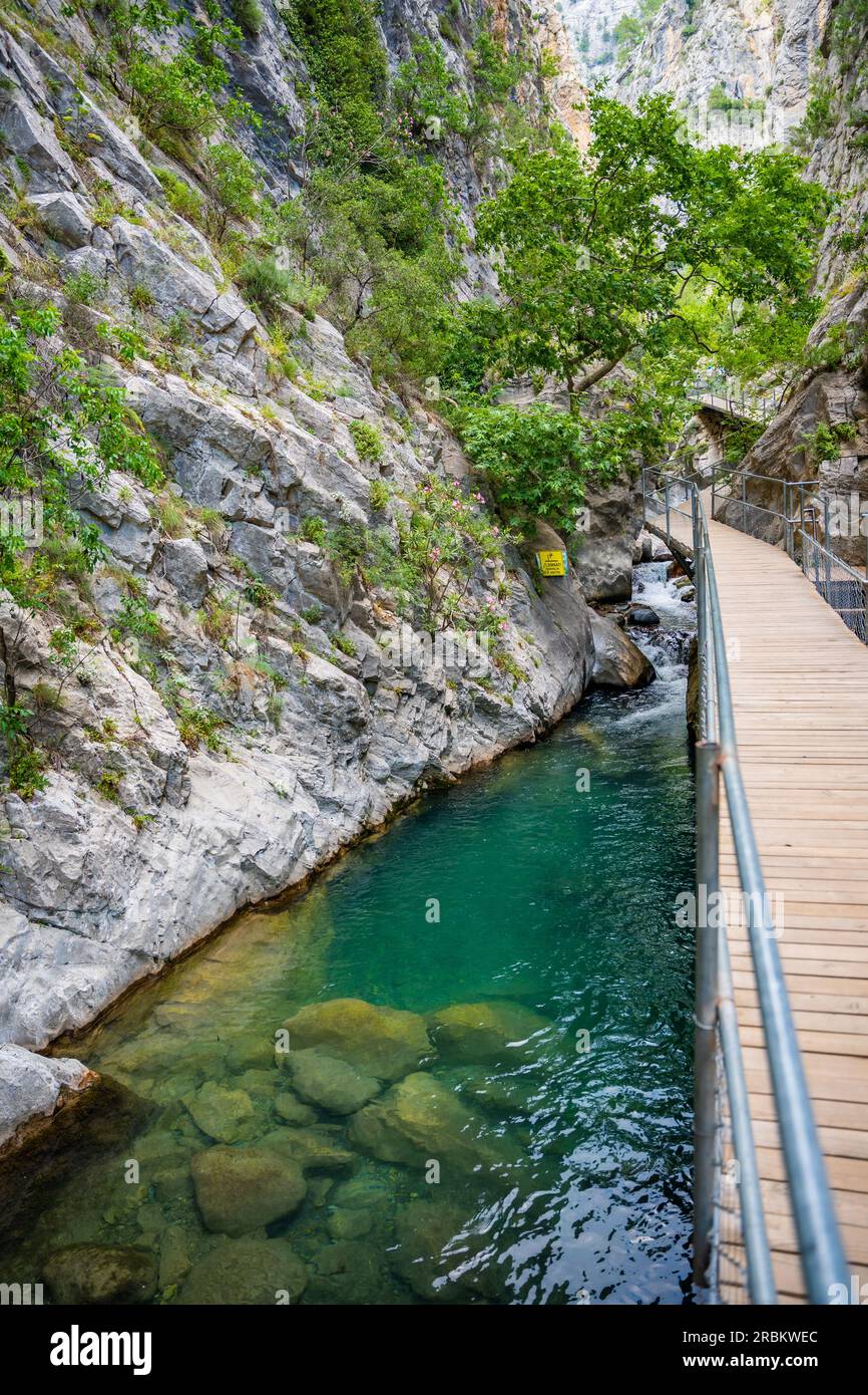 Sapadere canyon with wooden paths and cascades of waterfalls in the ...