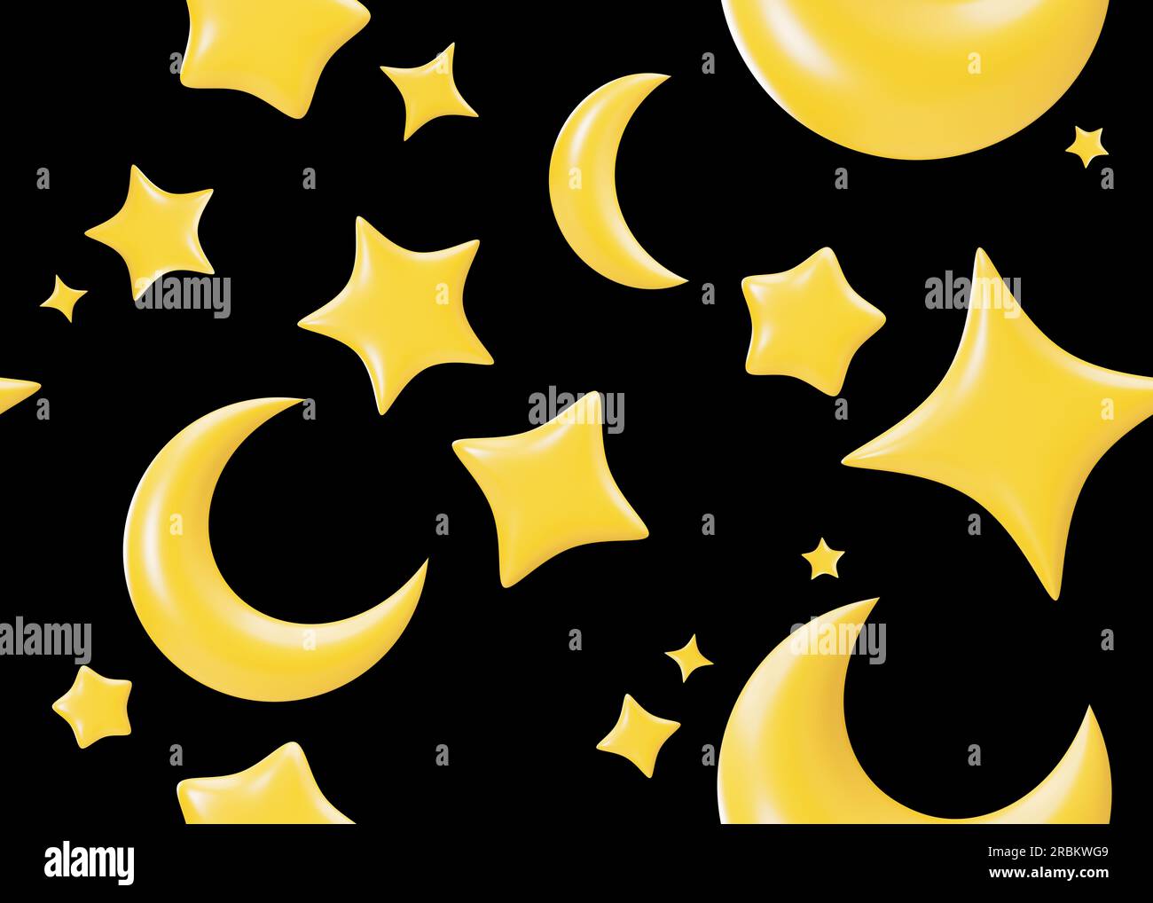 Seamless pattern with yellow 3D stars and moons on black background ...