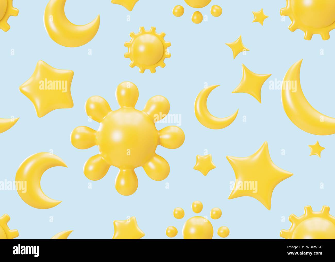 Seamless pattern with yellow 3D stars, moons, suns on light blue ...