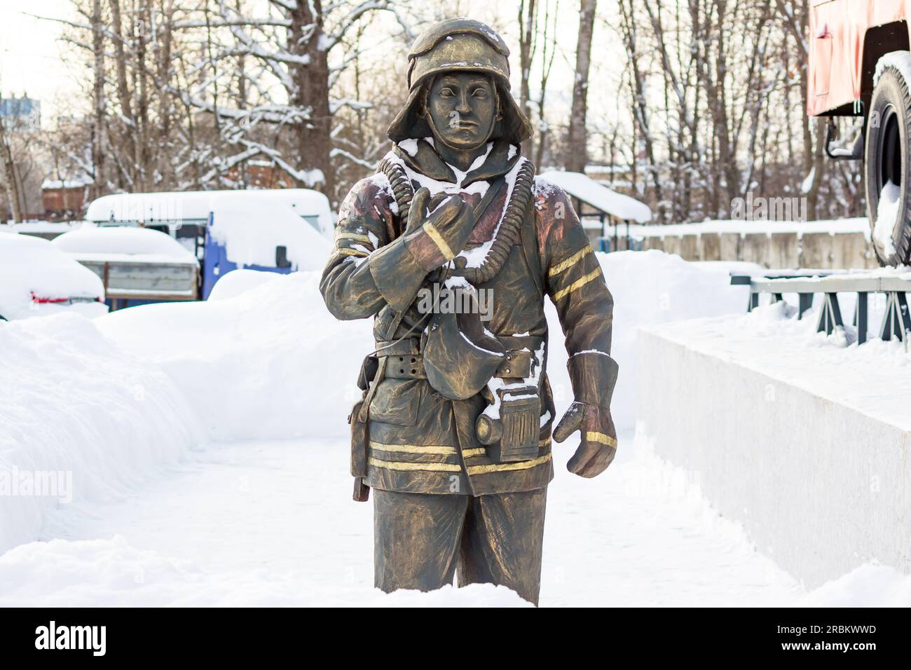 A sculpture of a Soviet firefighter installed at the fire station ...
