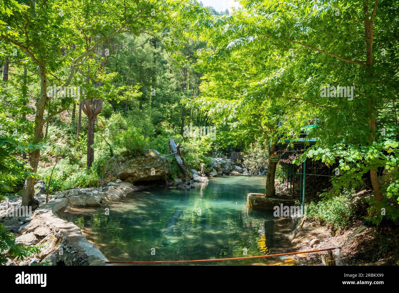 Sapadere canyon with river, wooden paths and cascades of waterfalls in ...