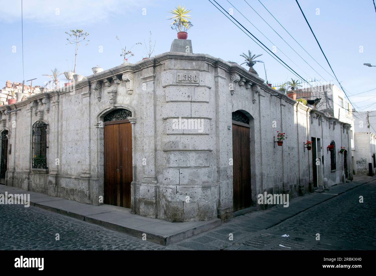 White walls and doors of the old streets of the city of Arequipa in ...