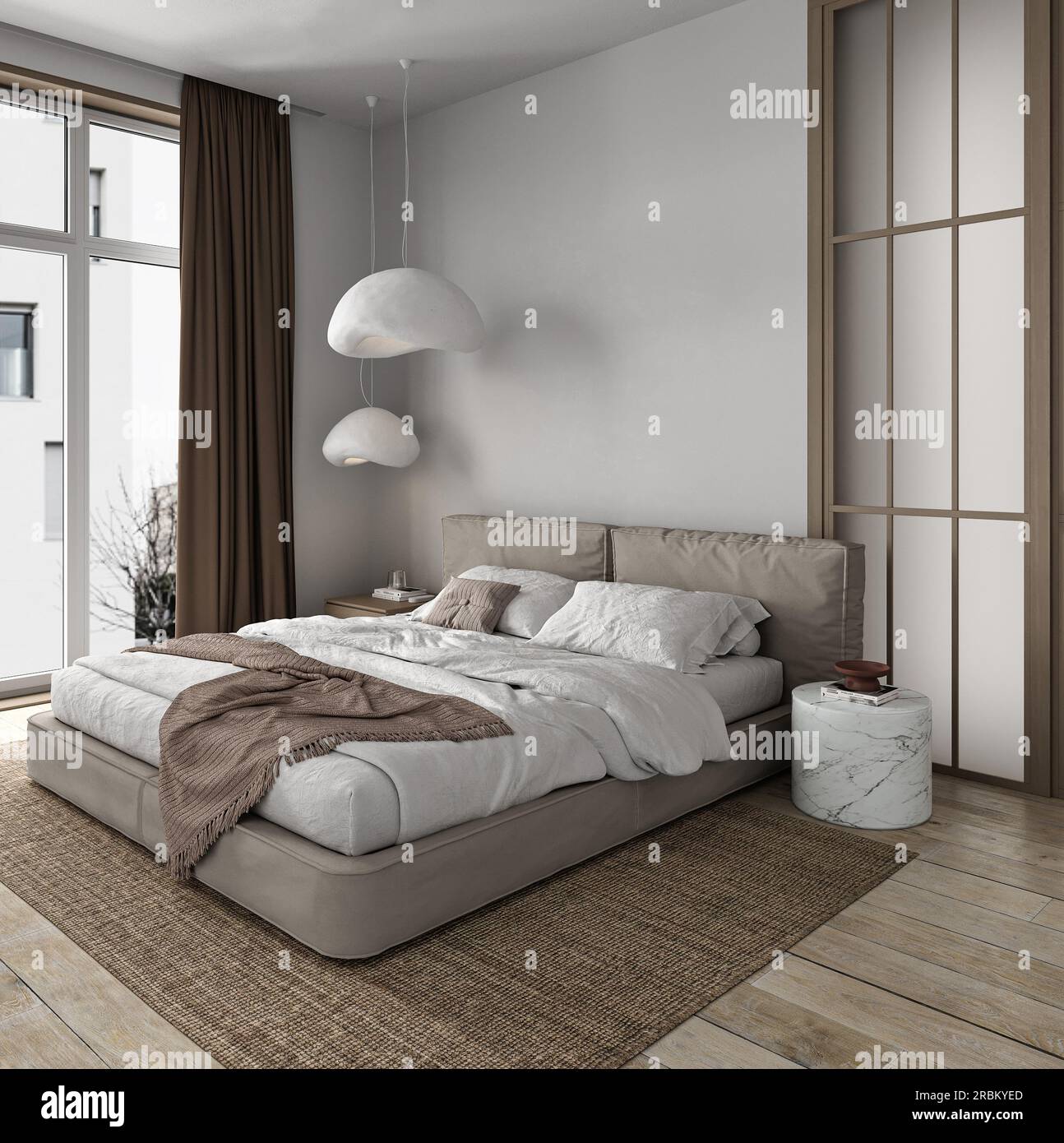 Minimal japenese bedroom interior. Bed with blanket and pillows, carpet ...