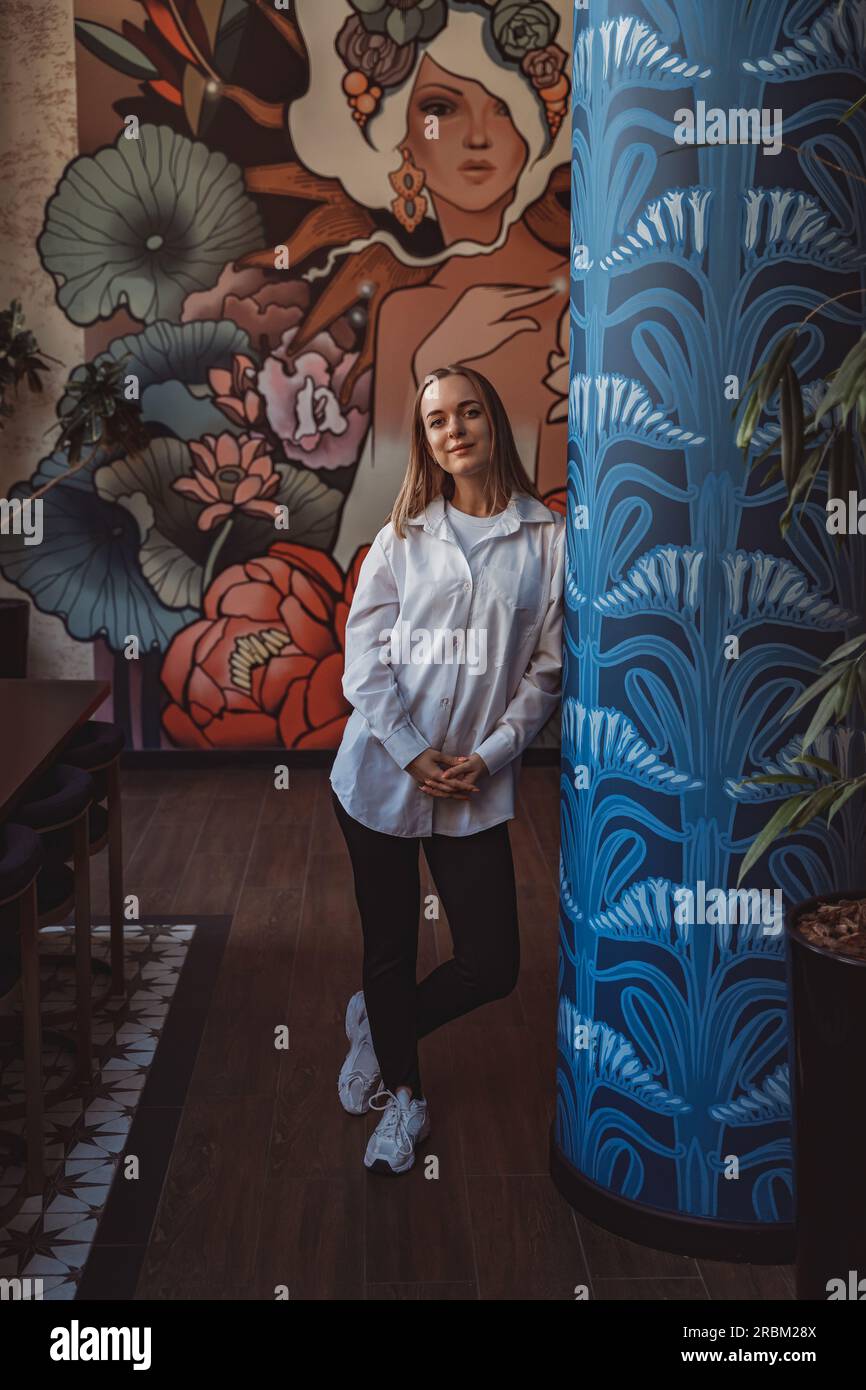 Full body profile portrait of pretty positive woman standing on ... Full body profile portrait of pretty positive woman standing on ...