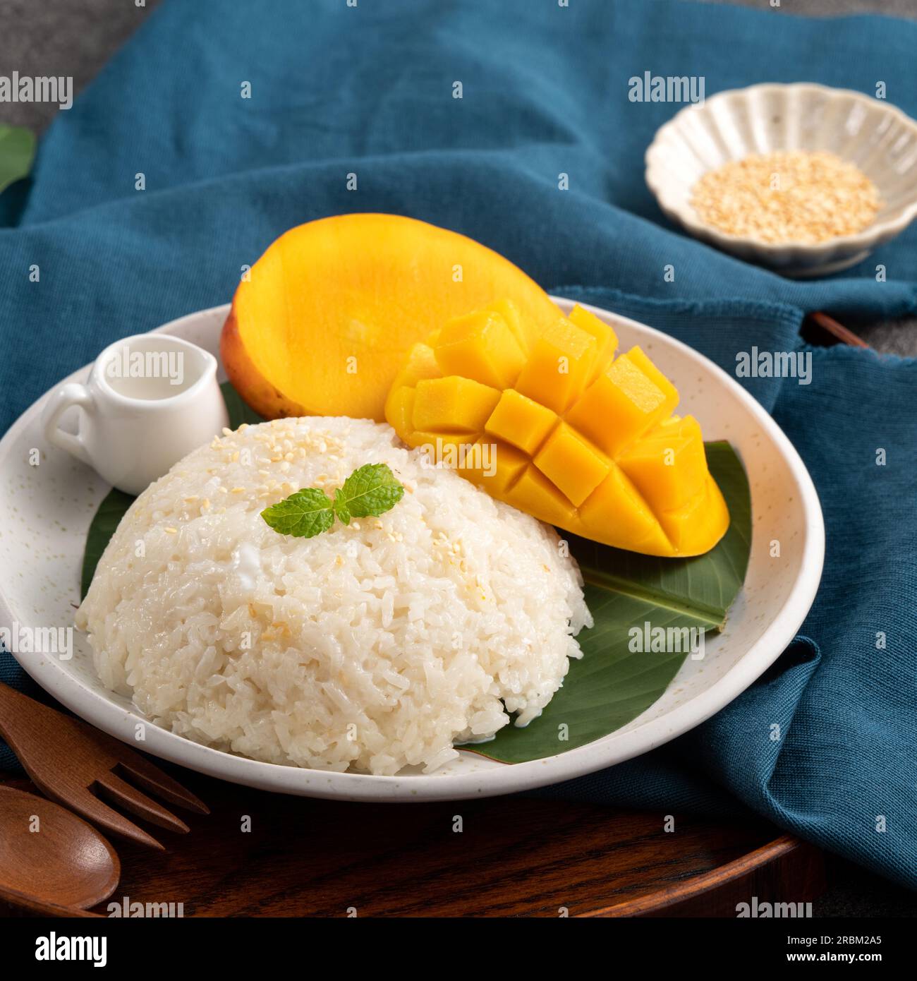 Delicious Thai mango sticky rice with cut fresh mango fruit in a plate ...