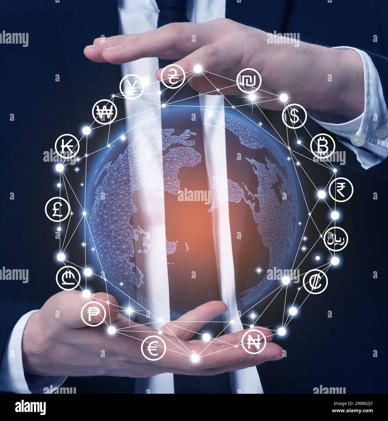 Money exchange. Man holding digital planet surrounded by different ...