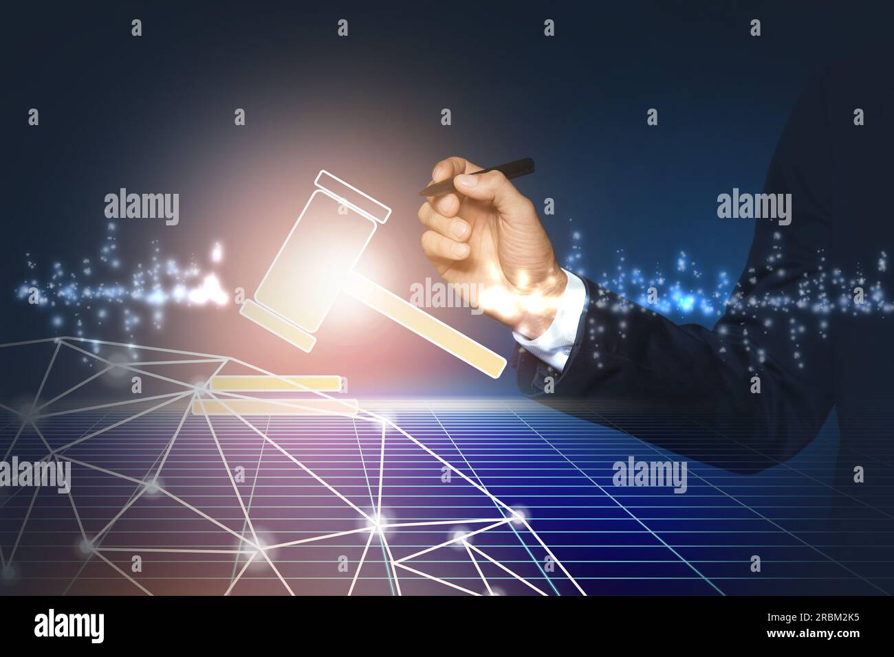 Auction. Man using digital screen with glowing illustration of sound ...