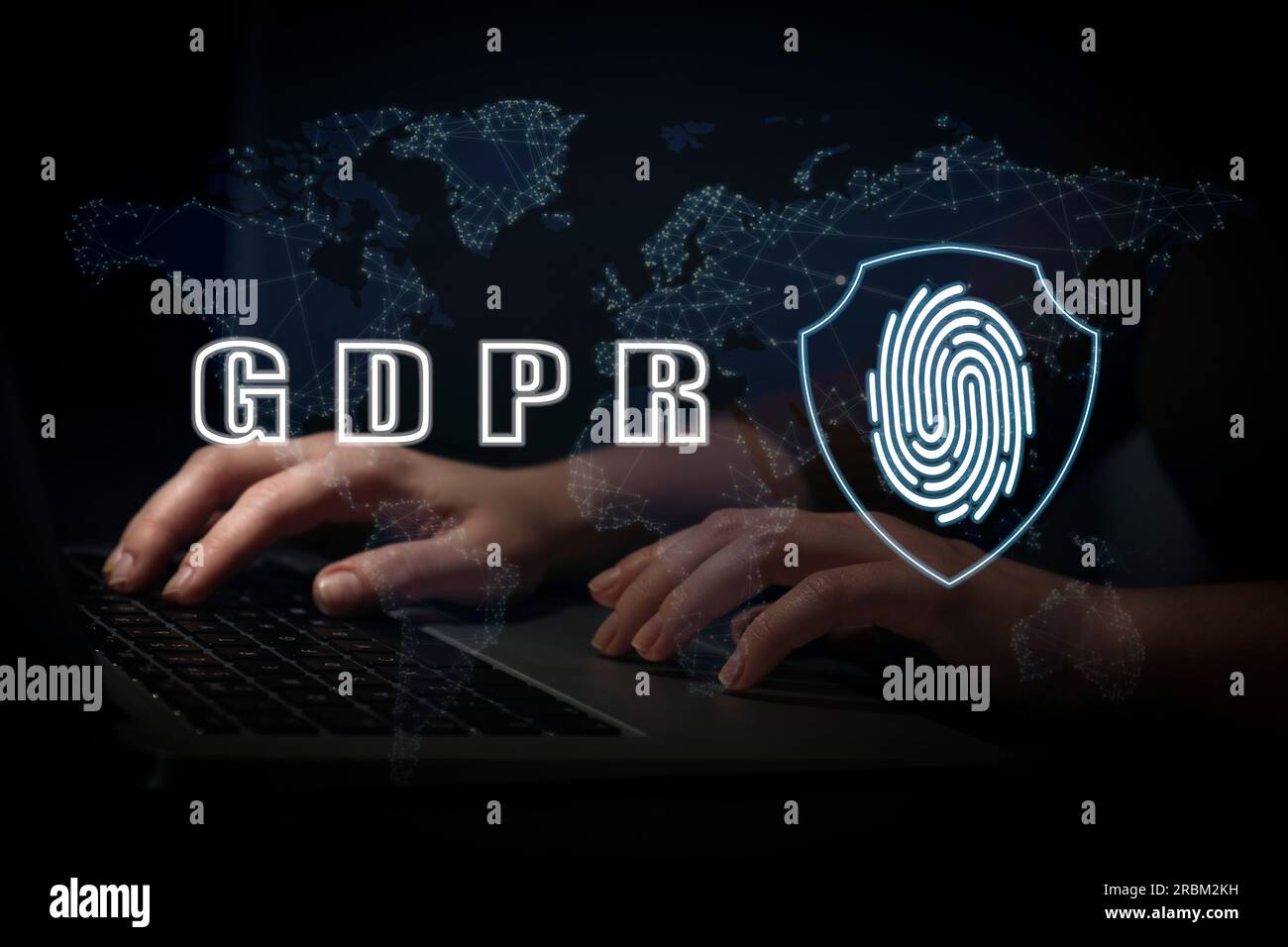 General Data Protection Regulation. Woman working with laptop on black ...