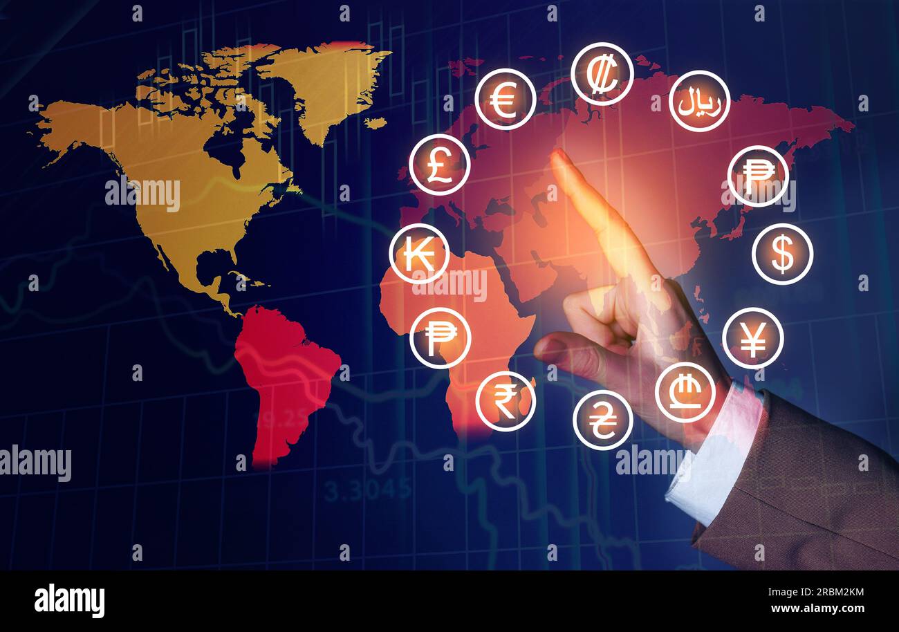 Money exchange. Man using virtual screen with world map and different ...