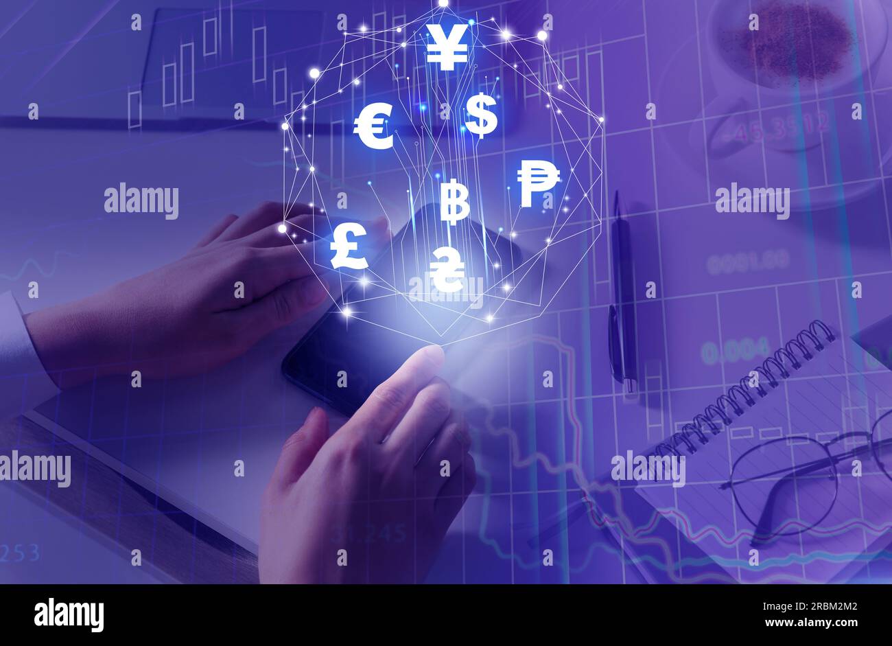 Money exchange. Double exposure with chart, different currency symbols ...