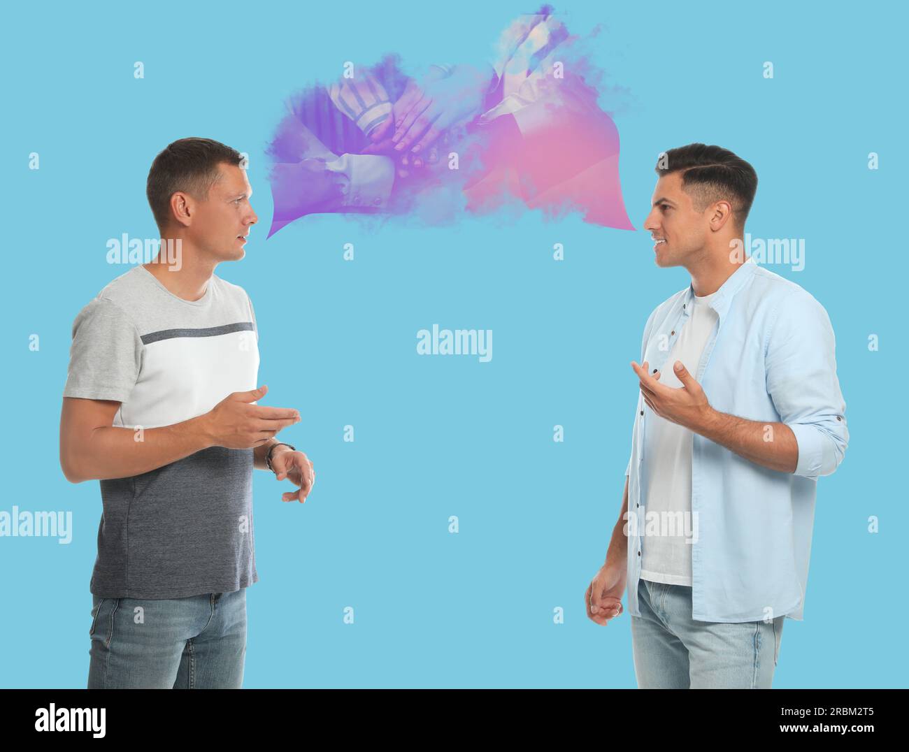 Men talking about partnership on light blue background. Dialogue ...