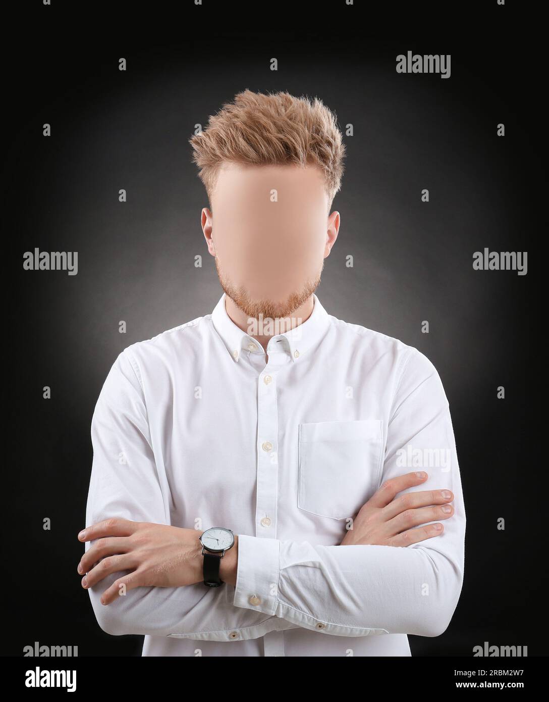Anonymous. Faceless man in white shirt on dark background Stock Photo ...