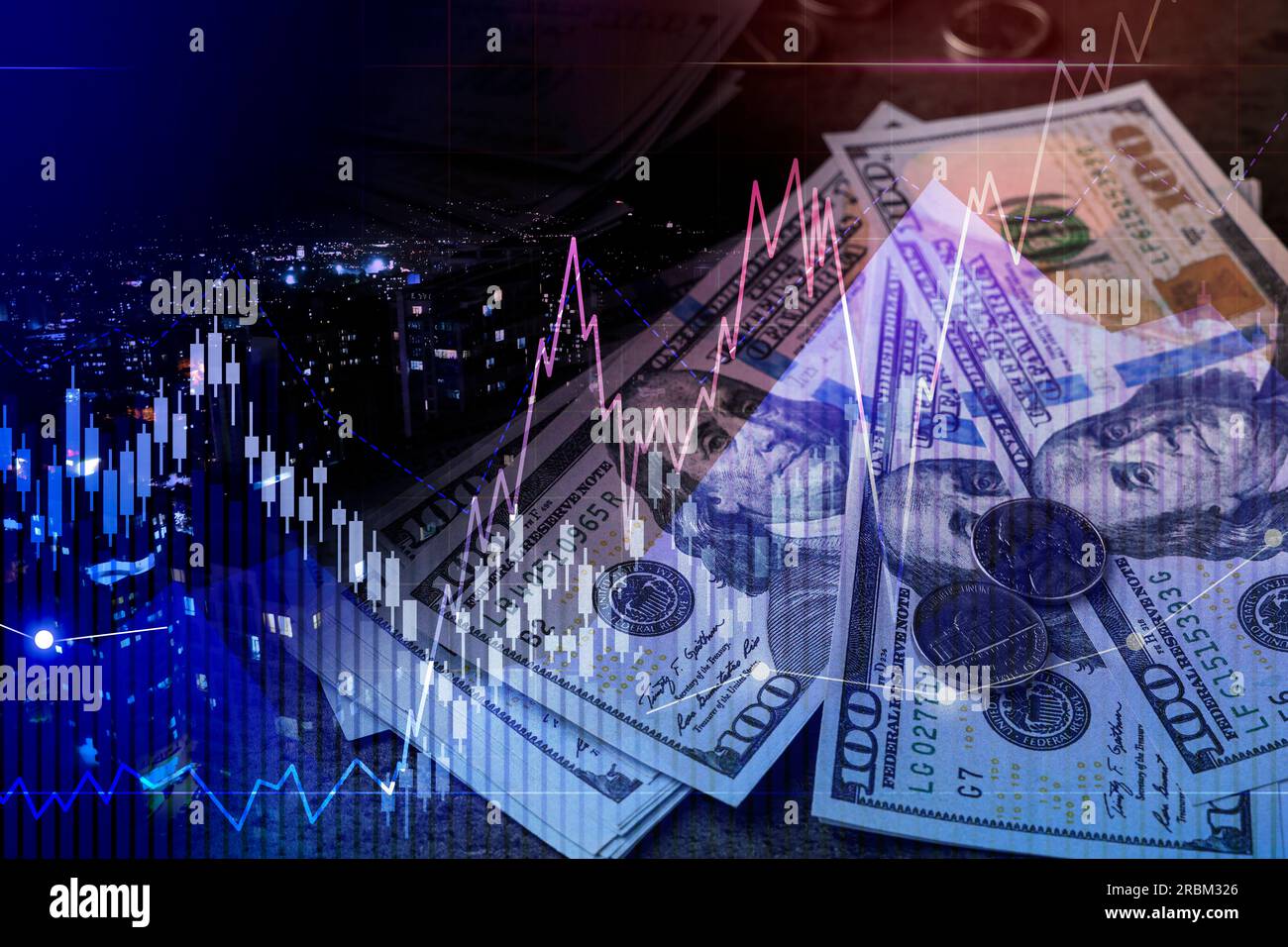 Money exchange. Multiple exposure with dollar banknotes, graphs and ...