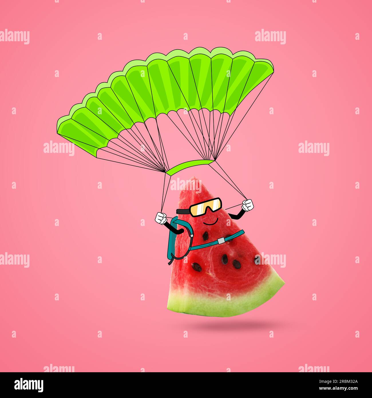 Creative artwork. Watermelon with parachute landing on pink background ...