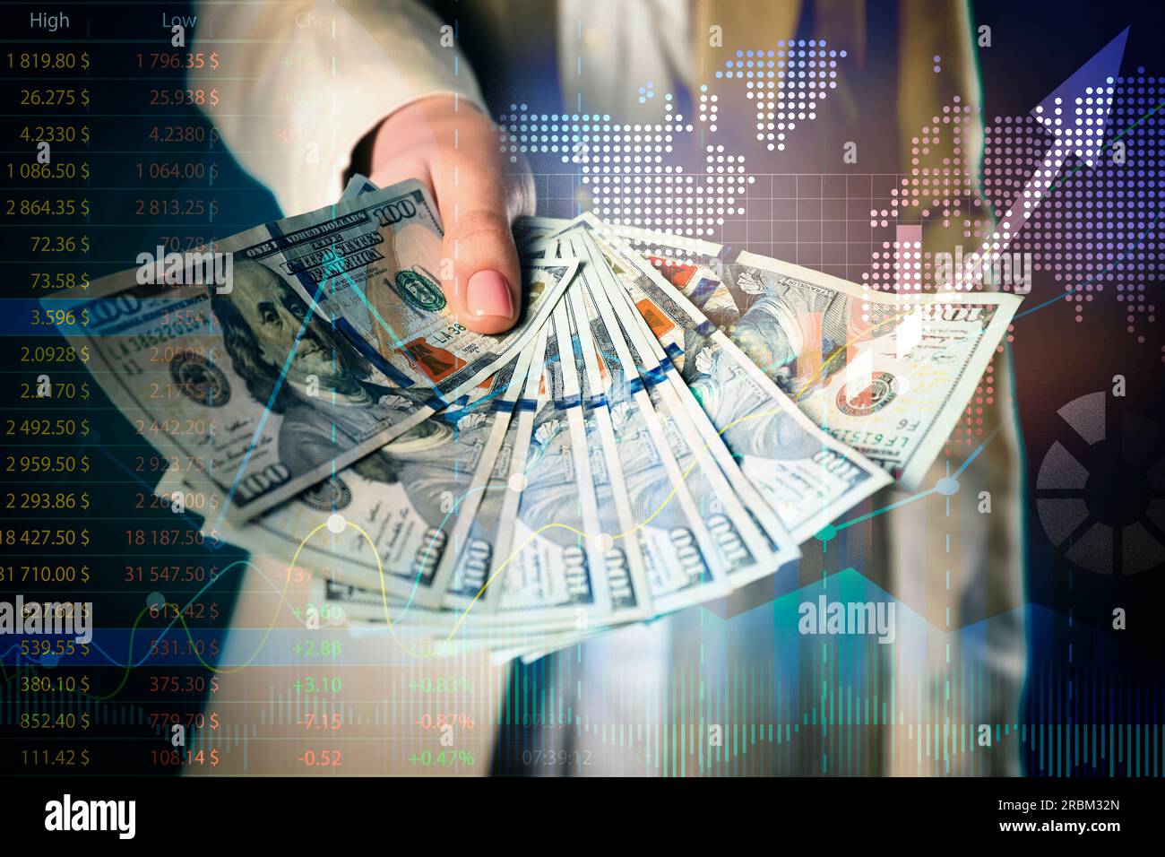 Money exchange. Multiple exposure with graphs, data, world map and ...