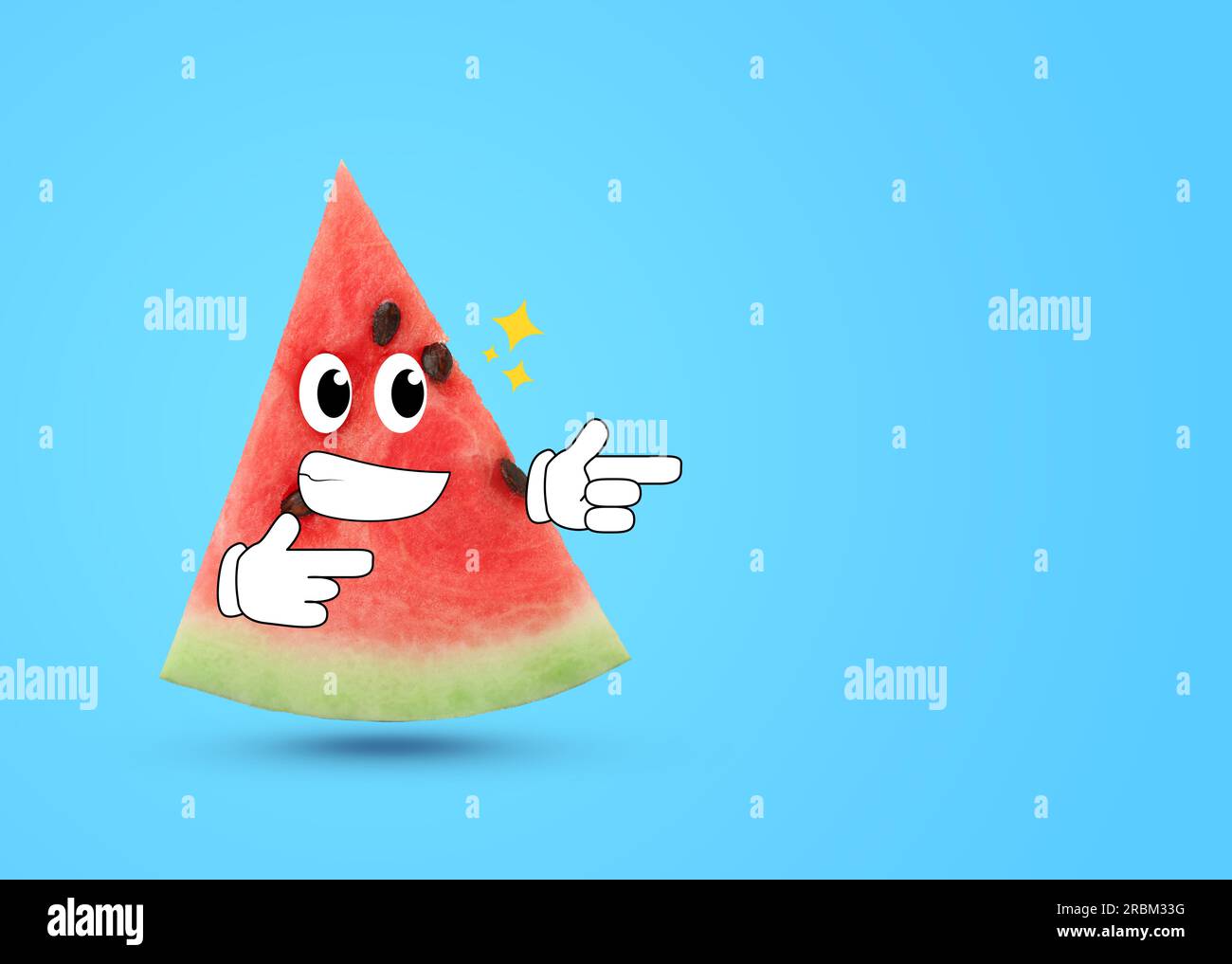 Creative artwork. Happy watermelon making finger gun gesture, space for ...
