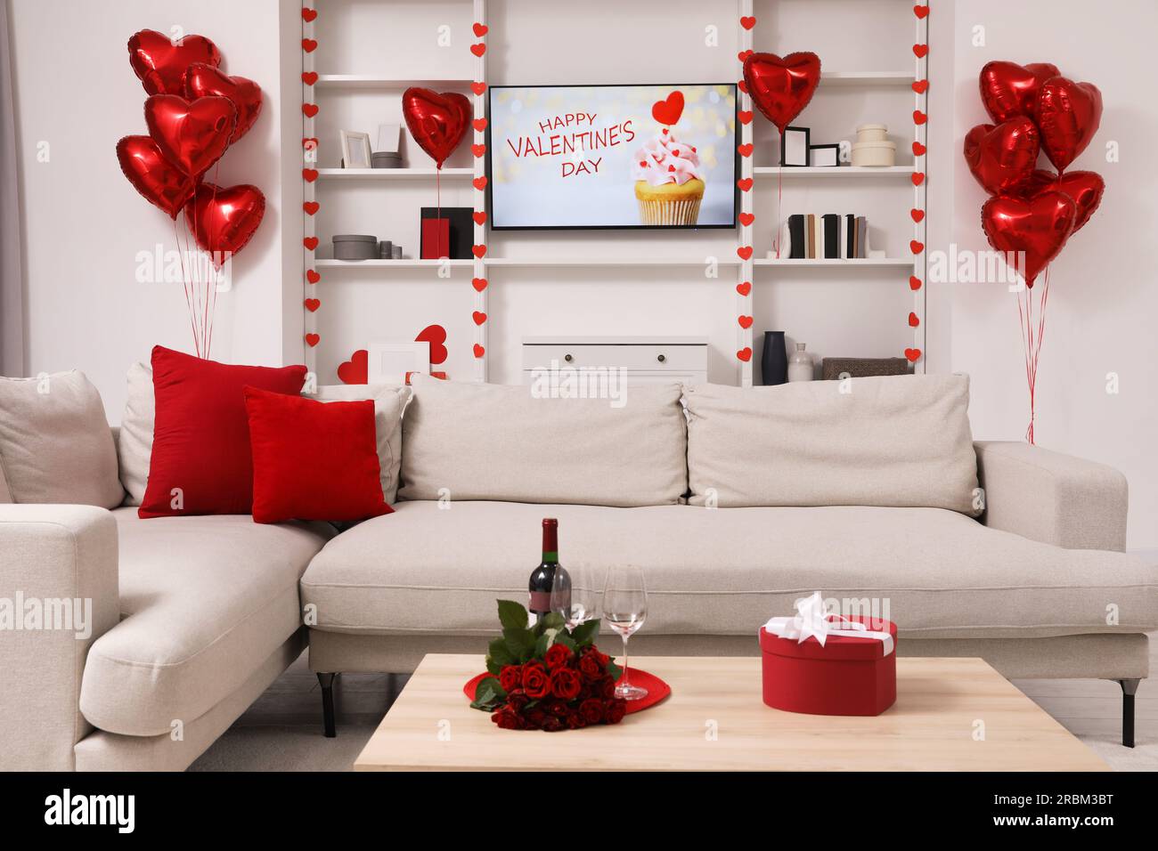 Cozy living room decorated for Valentine Day. Interior design Stock ...