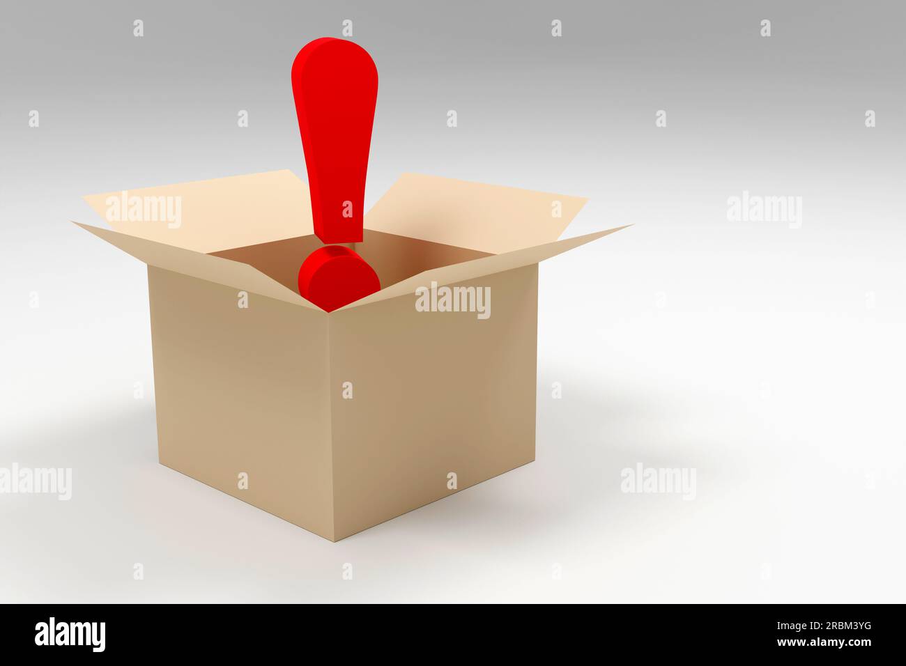 3d render red glass exlamation mark in a cardboard box with a white ...