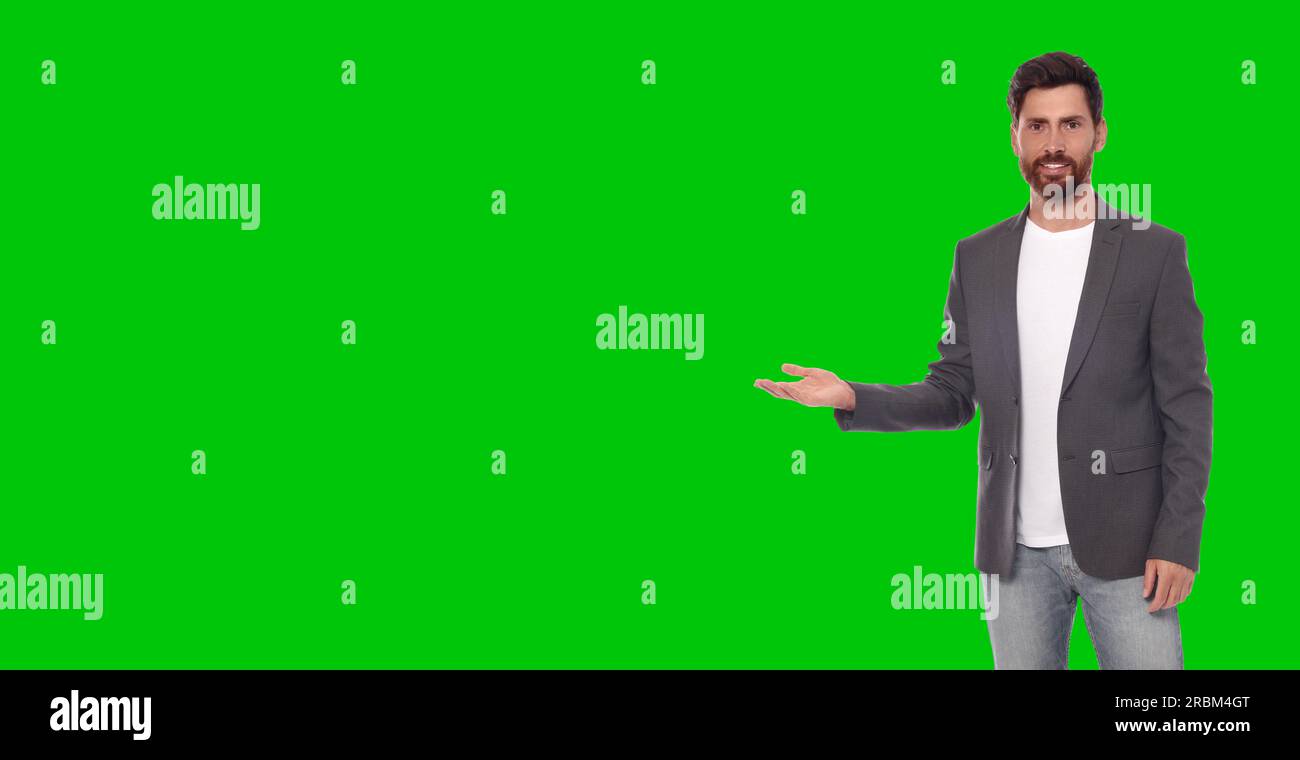 Chroma key compositing. Broadcaster against green screen, banner design ...
