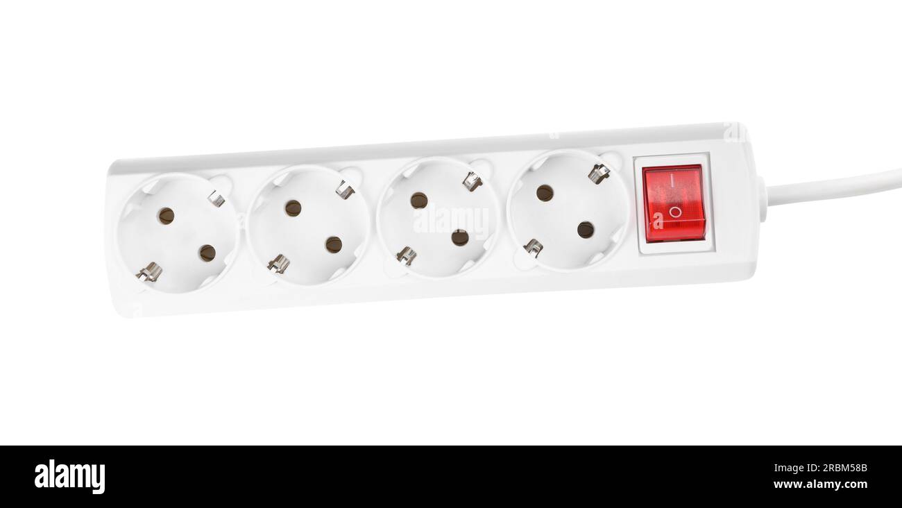 Power strip on white background, top view. Electrician's equipment ...